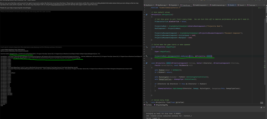 Crashes when Binding Projectile OnHit to OnComponentHit - Ask - GameDev.tv