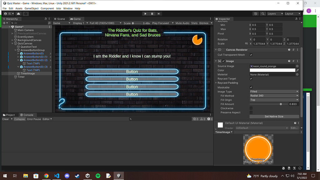 Timer works, but button disappears - Ask - GameDev.tv