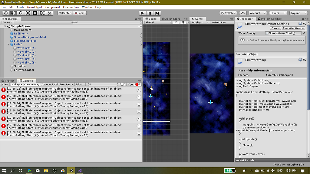 Null Reference Exception and Enemy appearing at one point and disappears - Ask - GameDev.tv