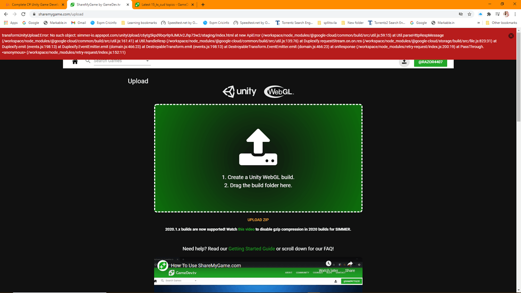 Can't upload in share my game - Ask - GameDev.tv