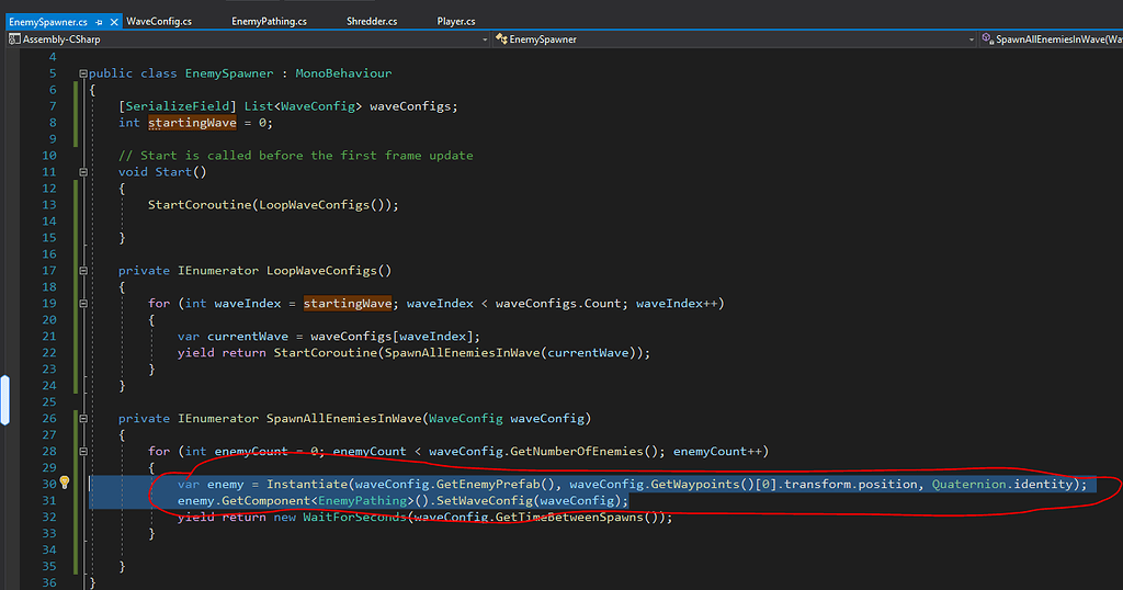 SetWaveConfig() and Null Reference Exception - Ask - GameDev.tv