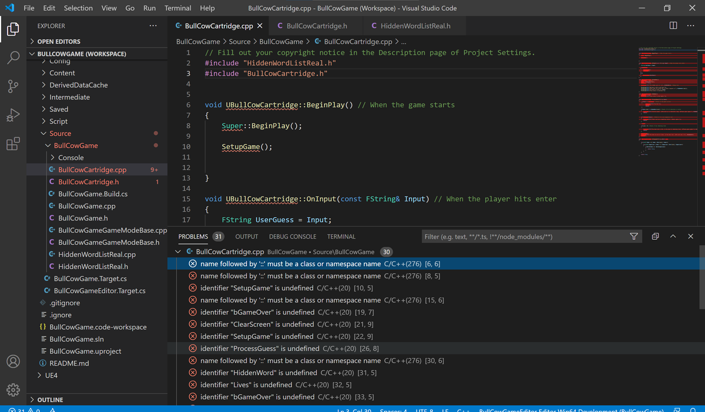 Bull Cow Game lots of VS Code errors (TArray of Hidden Words Lecture) - Ask - GameDev.tv