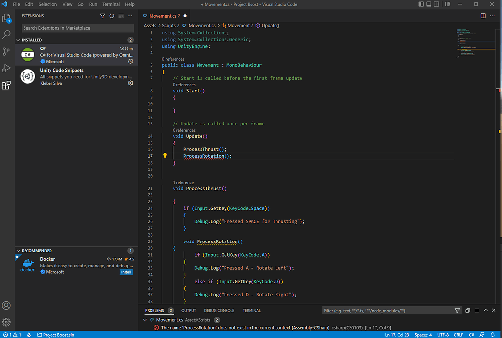The name 'ProcessRotation' does not exist in the current context - Ask - GameDev.tv