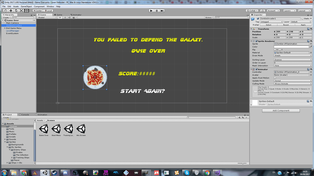 [SOLVED] Sprite doesn't show on Lose Screen - Ask - GameDev.tv