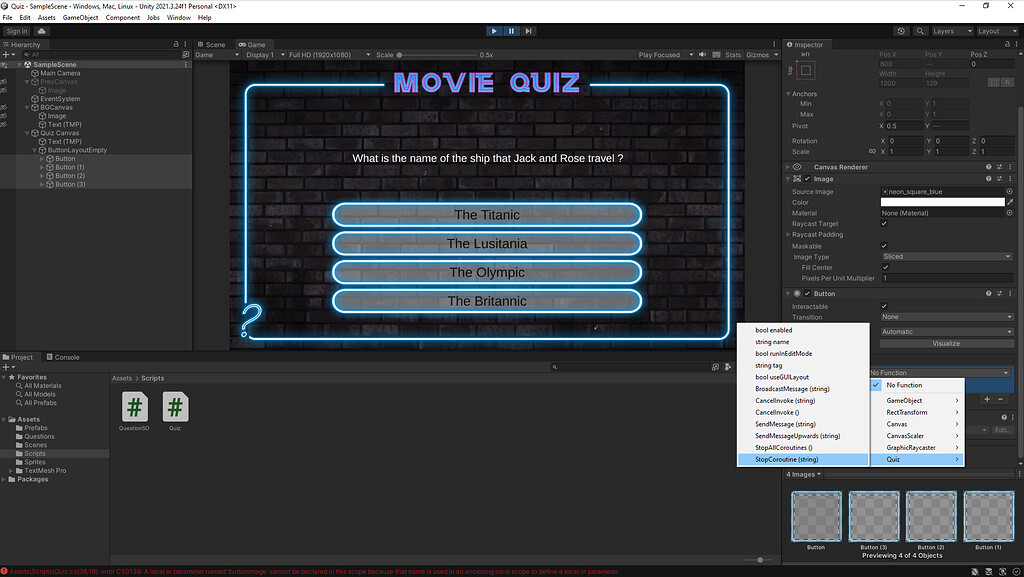 OnAnswerSelected function is not available - Ask - GameDev.tv