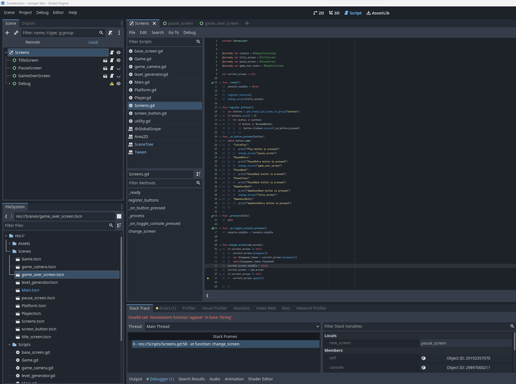 Invalid Call error when changing screens - Ask - GameDev.tv
