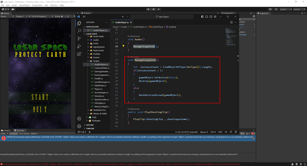 Why getting error on the ''Length" thing - Ask - GameDev.tv