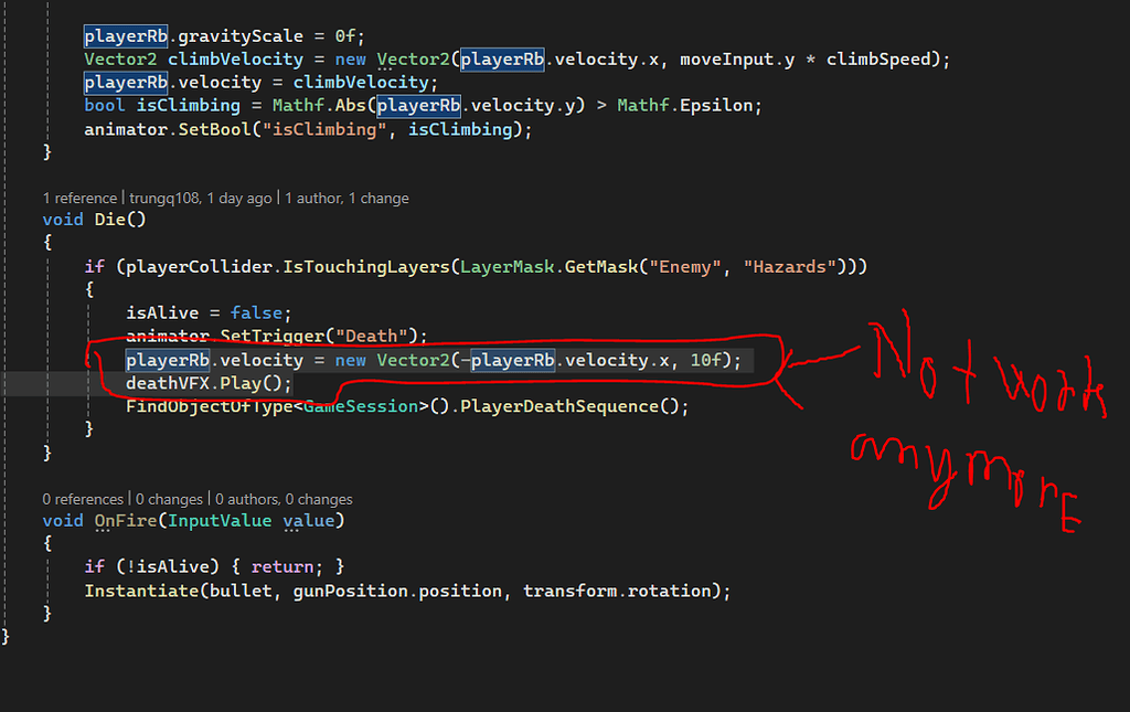 Bug in Lecture: The Player Die() animation not work anymore - Ask - GameDev.tv