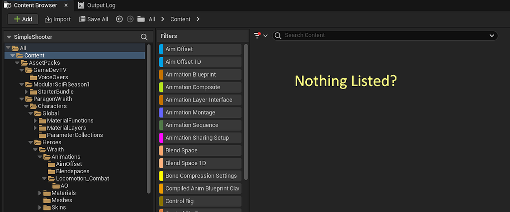 Unreal 5.1 Is there a content browser Animation filter bug? - Ask - GameDev.tv