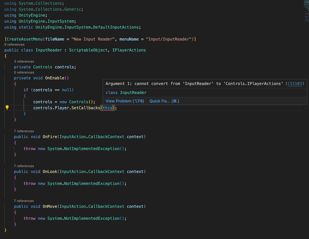 Cannot convert from 'InputReader' to 'Controls.IPlayerActions' - Ask - GameDev.tv