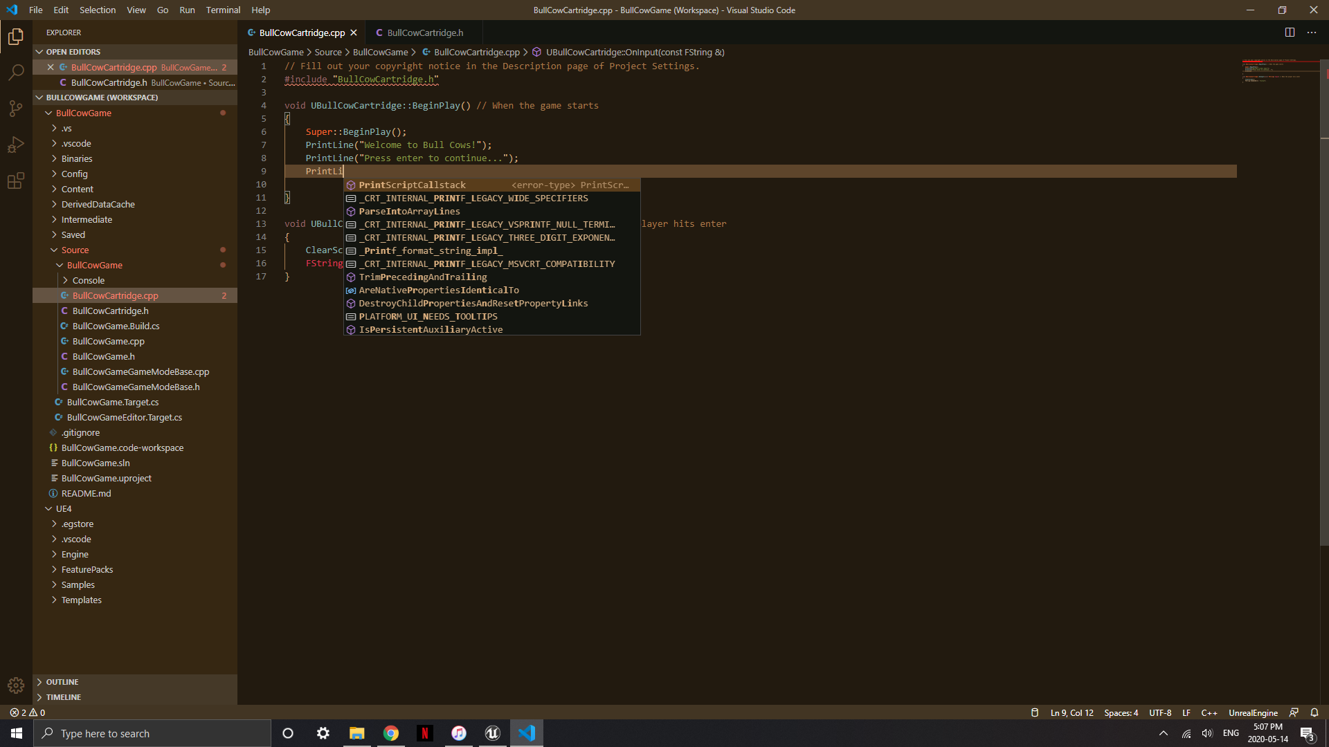 Problem about autocomplete starting out with the Bull Cows Game - Ask - GameDev.tv