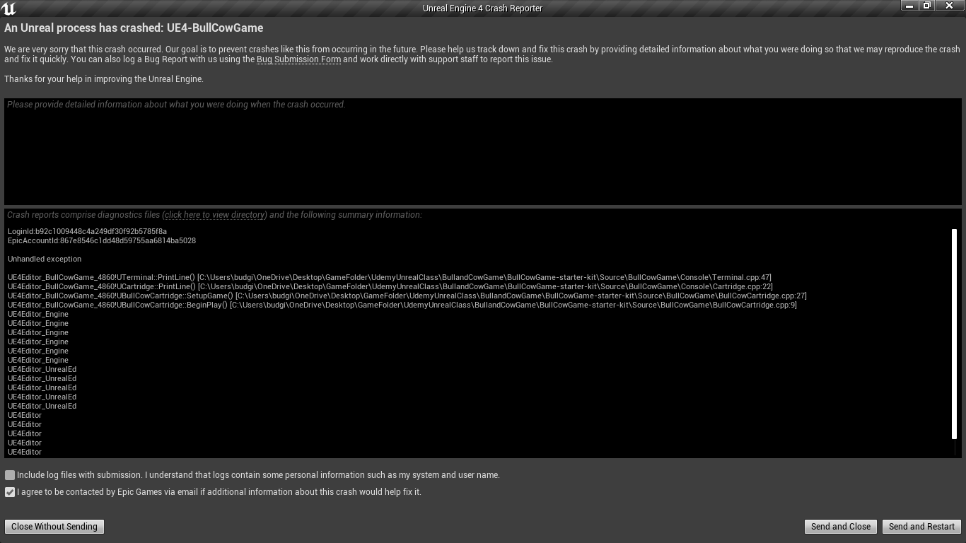 Unreal Crashing While Trying to Play the BullCowGame - Ask - GameDev.tv