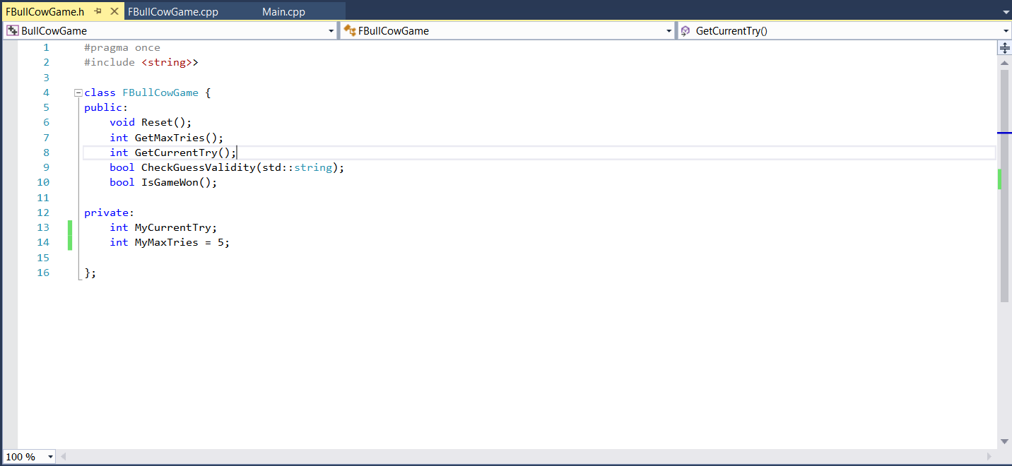 FBullCowGame.cpp gives me an error altho I have FBullCowGame.h written just like shown in class ...
