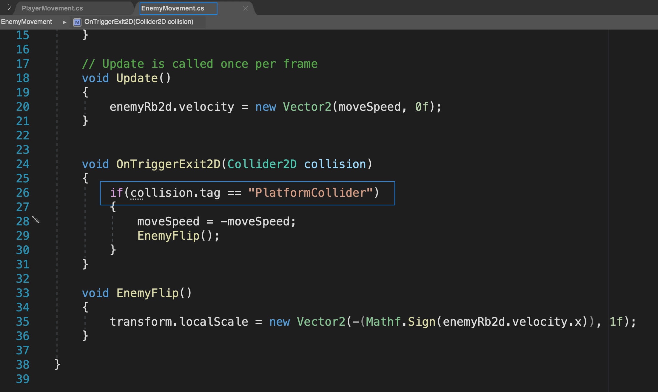 Unity 2D Course - Player “feet” and Enemy colliders... (no trigger ...