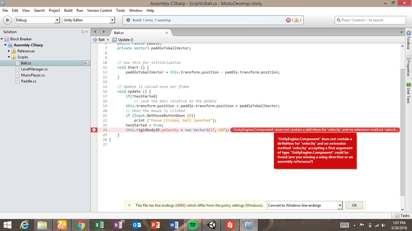 Rigidbody2D.velocity error - Ask - GameDev.tv