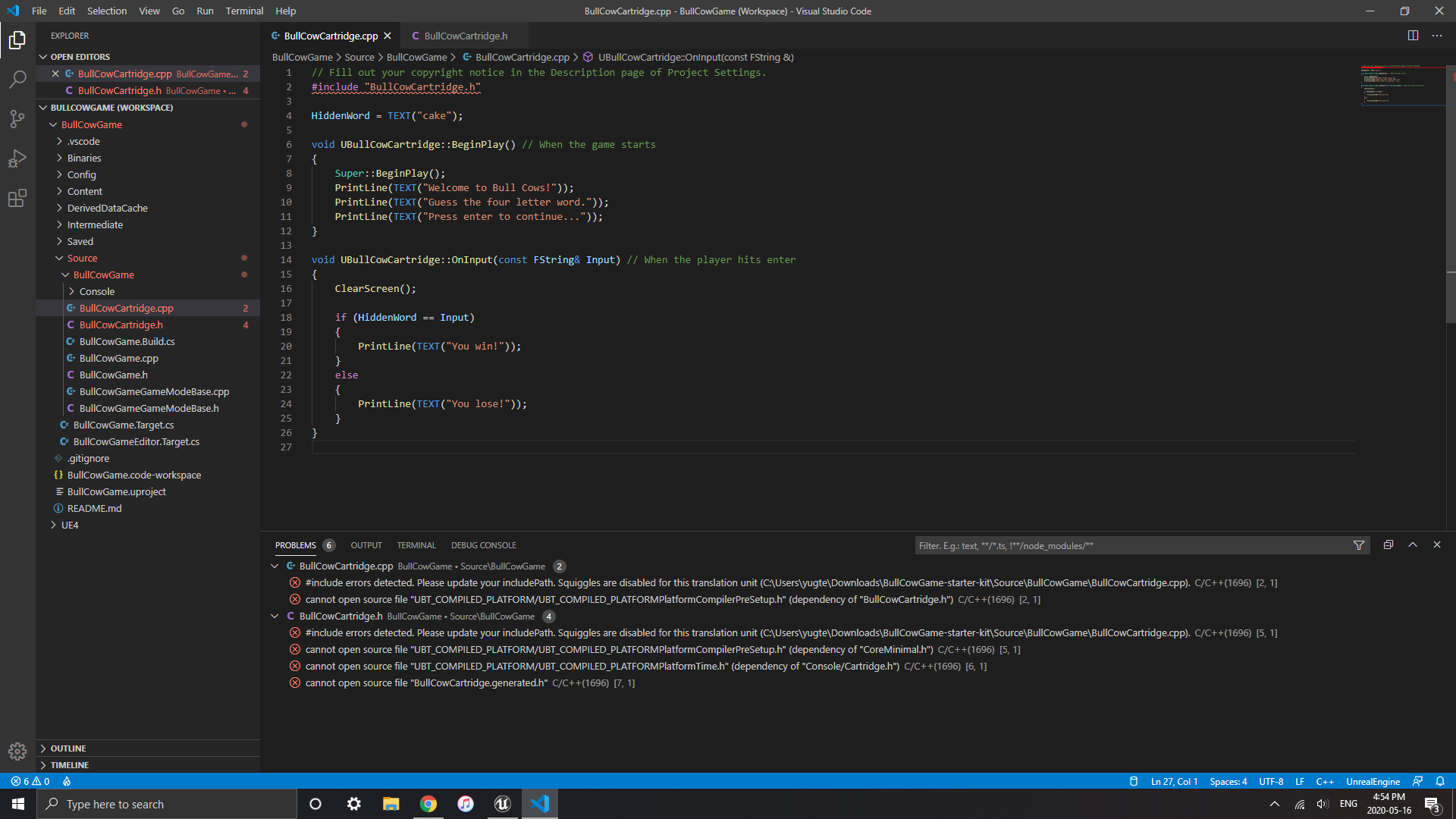 Problem about autocomplete starting out with the Bull Cows Game - Ask - GameDev.tv
