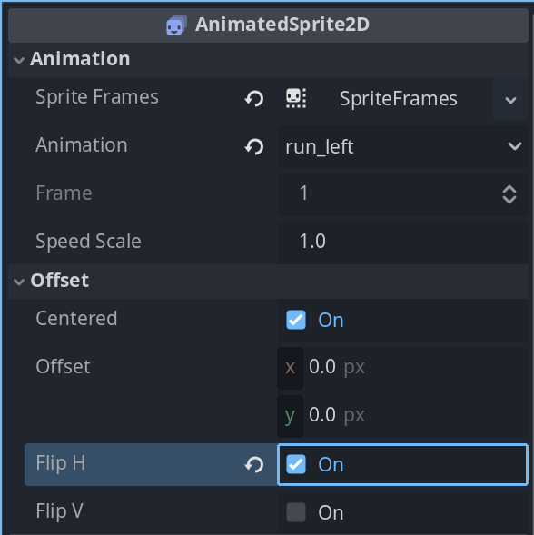 Godot 4.4: How can I "Flip H" for just one animation in AnimatedSprite2D? - Ask - GameDev.tv