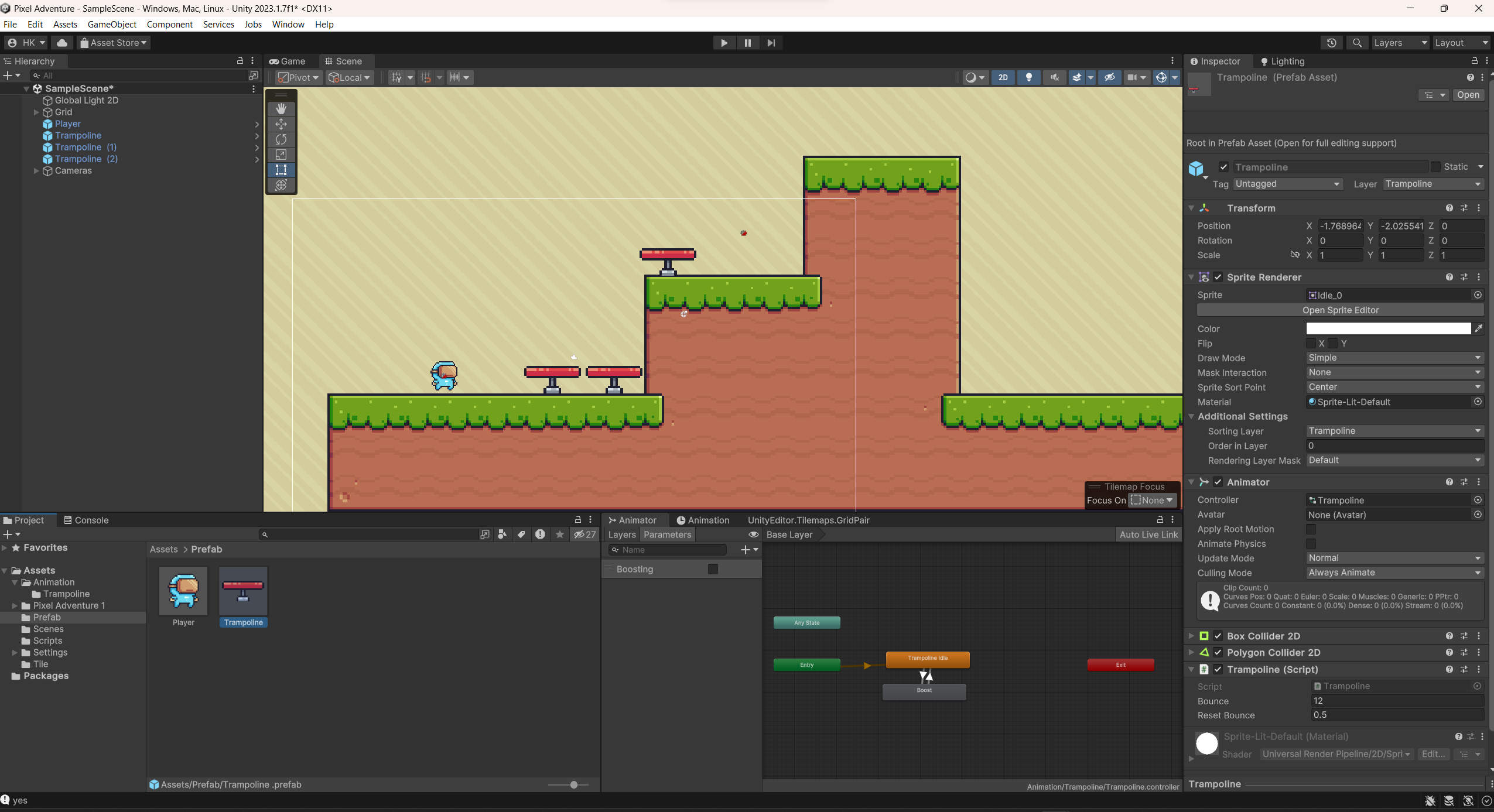 I put 3 trampolines on the stage but only the last one's animation ...