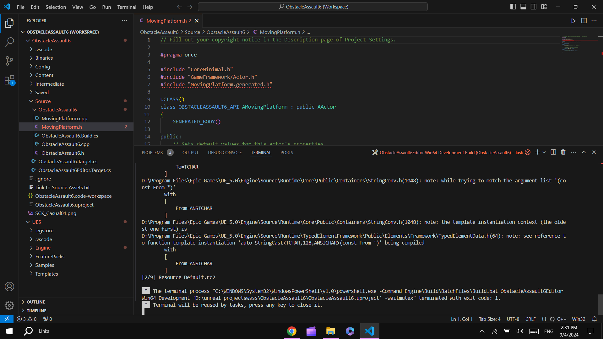 Can't open my game after creating c++ class/project file, help! - Ask - GameDev.tv