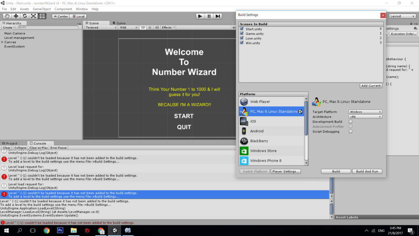 (Solved) "Level" (-1) coundn't load after I put the scene on the build setting - Talk - GameDev.tv